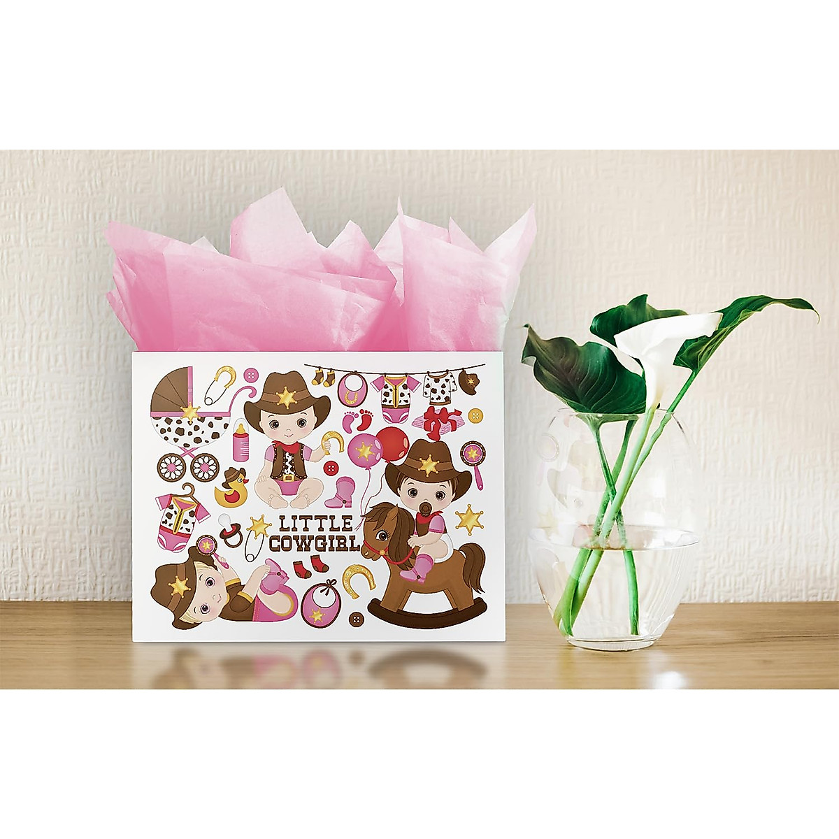 ysmile Cowgirl Large Gift Bag with Wrapping Tissue for Baby Shower 12.6" - Girl