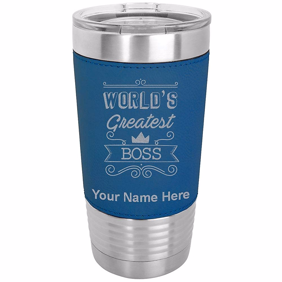 LaserGram 20oz Vacuum Insulated Tumbler Mug, World's Greatest Boss, Personalized Engraving Included (Faux Leather, Blue)