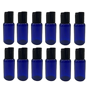 Natural Farms 1 oz Blue Boston BPA FREE Bottles - 12 Pack Empty Refillable Containers - Essential Oils Cleaning Products - Aromatherapy | Black Disc Cap - Made in the USA