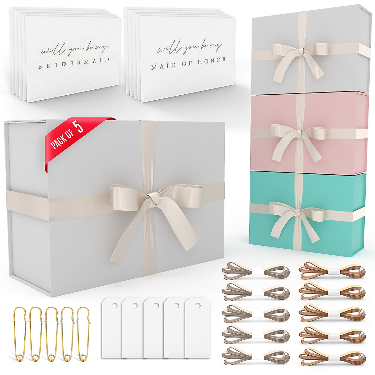 iPassion Gift Box Set - Bridesmaids Gifts for Wedding (5 Pack), All Occasions, Bridesmaid Proposal, Magnetic Boxes With Lids, Big Set For Bridal, 13.5 x 9 x 4.5 inches, Large White GiftBox