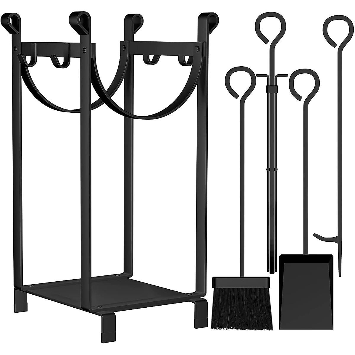 AMAGABELI GARDEN & HOME Firewood Rack Outdoor Indoor Heavy Duty Fireplace Tool Rack Firewood Holder Outdoor Wood Rack With 4 Pcs Tools Wrought Iron Wood Storage Log racks For Wood Stove Black