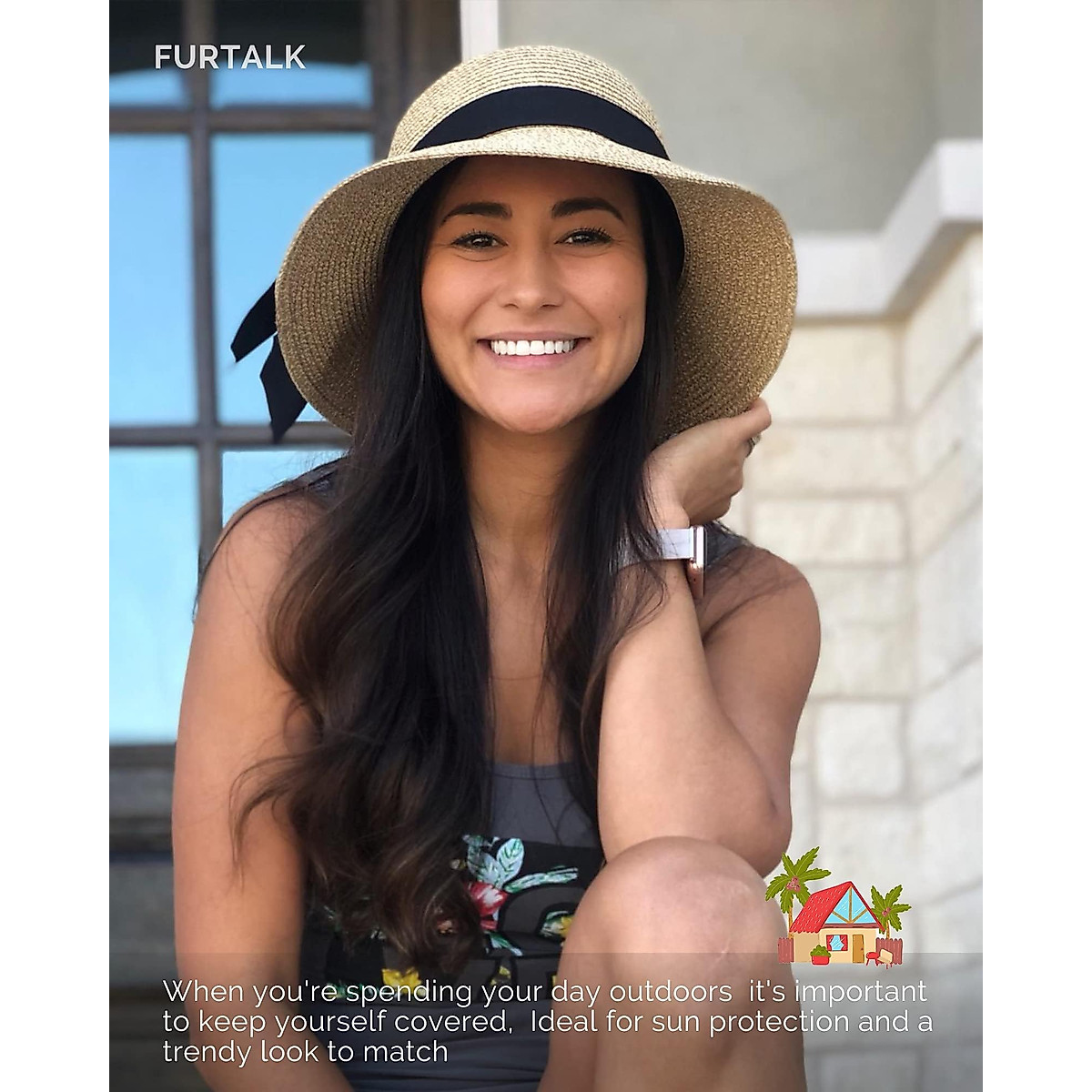 FURTALK Womens Beach Sun Straw Hat UV UPF50 Travel Foldable Brim Summer UV Hat Mixed Beige