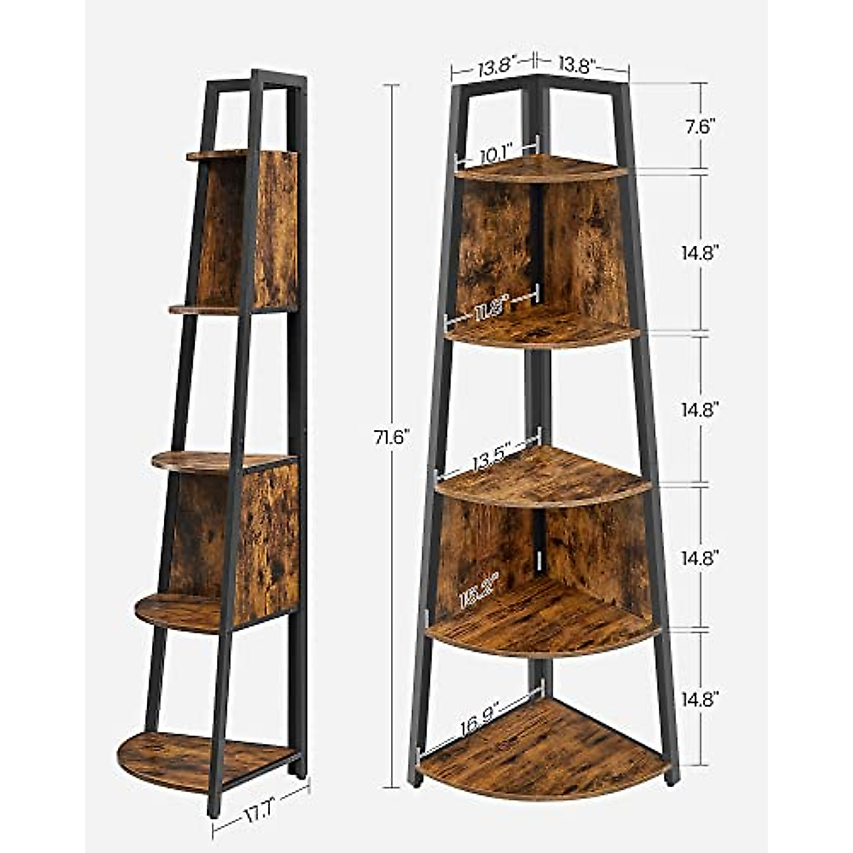 VASAGLE 71.6 Inch Tall Corner Shelf, 5 Tier Rustic Corner Bookshelf Bookcase, Corner Ladder Shelf Multipurpose, Plant Stand for Living Room, Bedroom, Kitchen, Brown and Black ULLS804B01