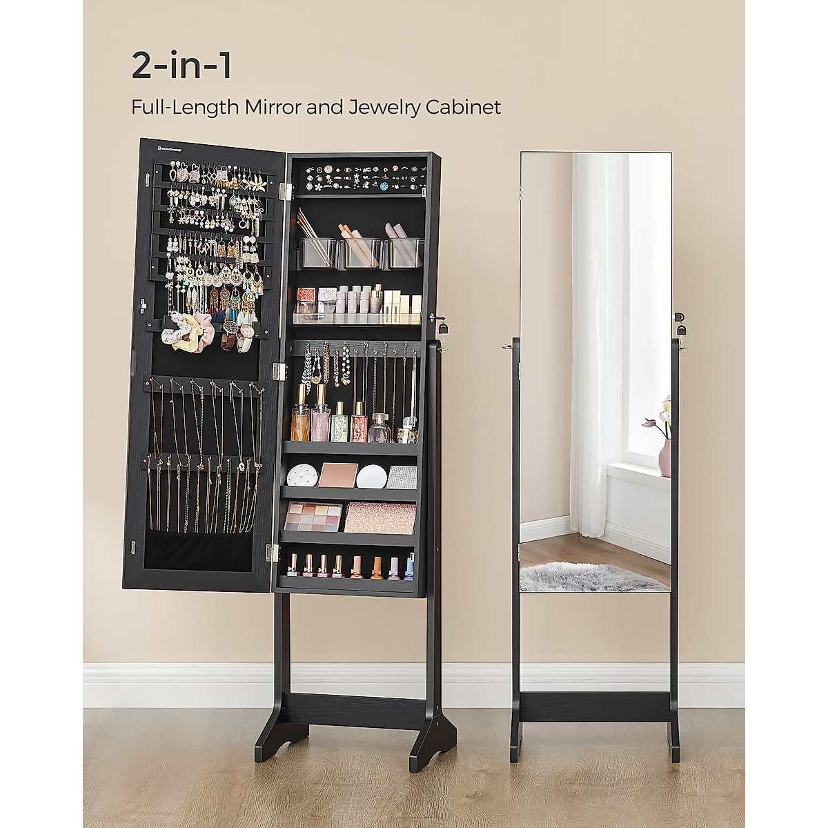 SONGMICS Jewelry Cabinet Armoire, Freestanding Lockable Storage Organizer Unit with 2 Plastic Cosmetic Storage, Full-Length Frameless Mirror, for Necklace Earring, Black UJJC002B01