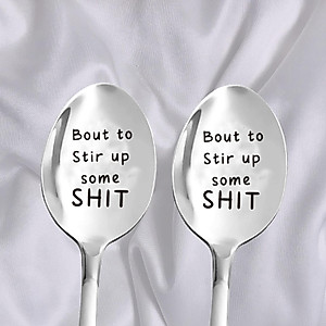 ALONURISH 2PCS Funny Laser Engraved Spoons, Bout To Stir Up Some Shit, Christmas Birthday Gifts for Mom/Grandma/Grandpa/best Friend, 7*1.57 inches, Silver, YANG-N99