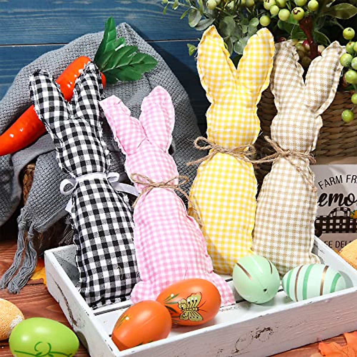 4 Pieces Easter Decor Farmhouse Rustic Bunny Decor Stuffed Bunny Ornaments Easter Centerpiece Decorations Easter Rabbit Figurine for Easter Basket Fillers Tiered Trays (Chic Style)