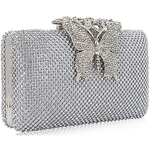 Dexmay Rhinestone Crystal Clutch Purse Butterfly Clasp Women Evening Bag for Formal Party Silver