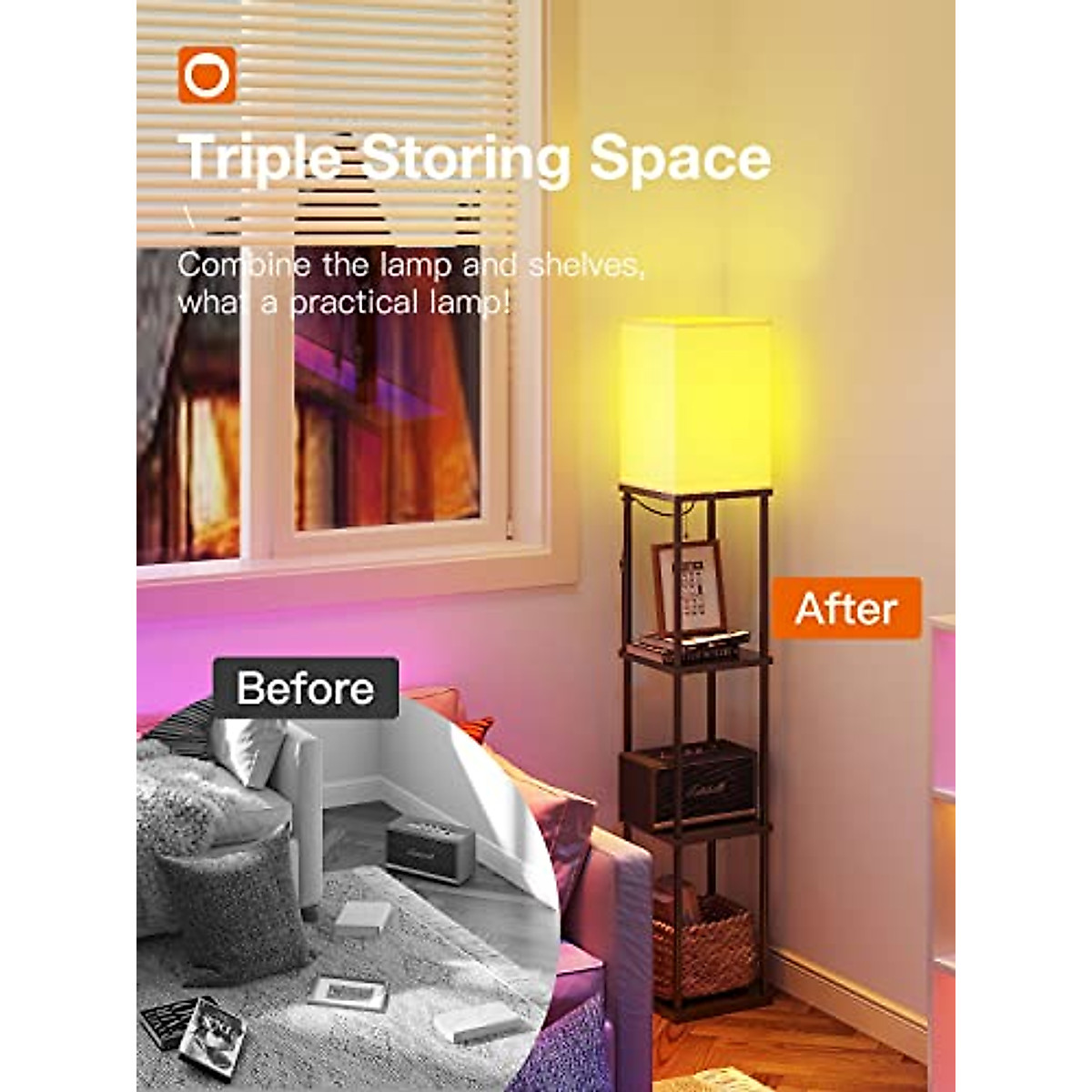 addlon Smart Modern Shelf Floor Lamp with RGB Bulb and White Lamp Shade - Display Floor Lamps with Shelves for Living Room, Bedroom and Office - Classic Black