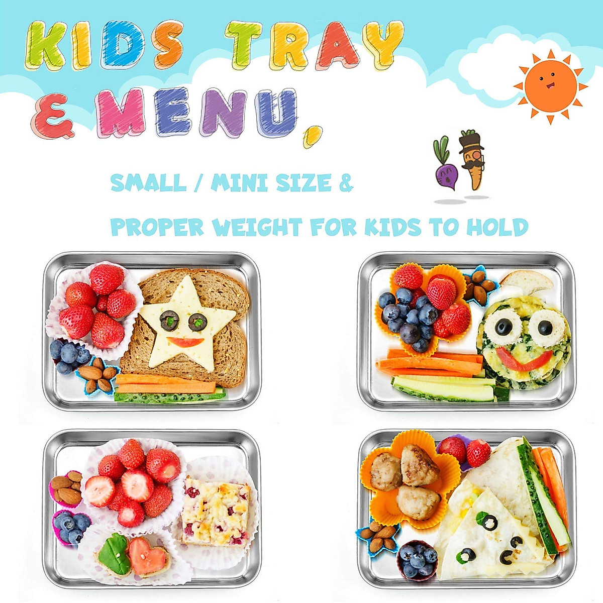 TeamFar Kids Plates Set of 4, 7.3"×5.3"×0.8", Toddler Plate Children Training Trays Set Stainless Steel for Dinner Fruit Salad, Healthy & Toxic Free, Oven & Dishwasher Safe, Sturdy & Mirror Finish