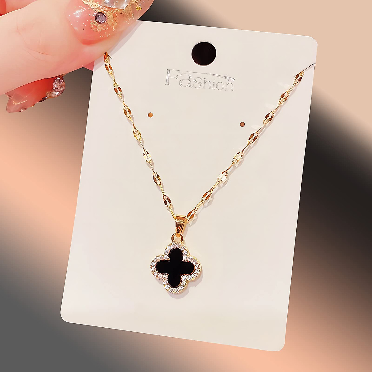 Fiklon Gold Clover Necklace For Women Lucky Black and White Leaf Clover Pendant Necklace Jewelry Double Side (Black White)