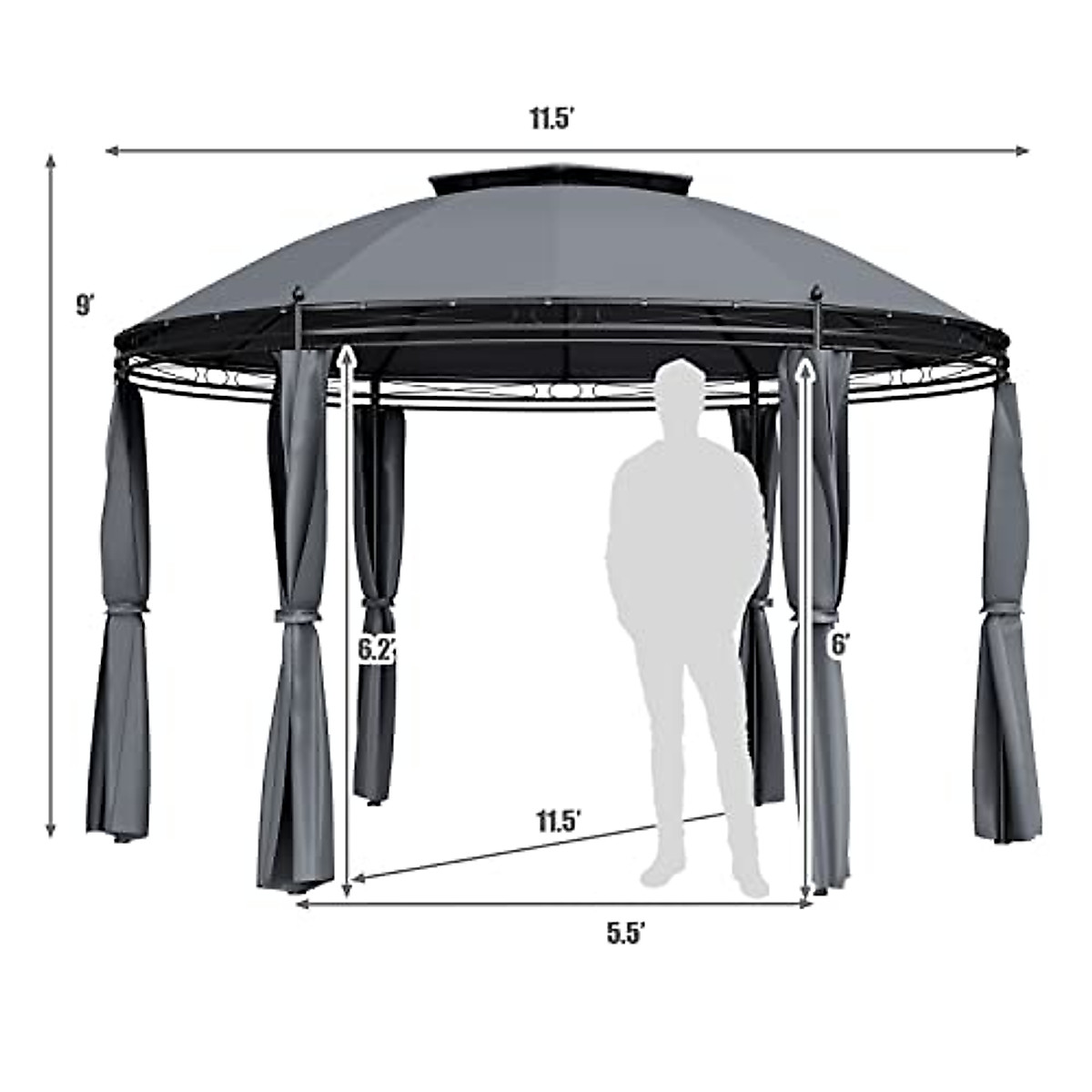 Tangkula 11.5x11.5 ft Round Patio Gazebo, 2-Tier Dome Gazebo with Removable Side Curtains, Heavy Duty Steel Frame, Outdoor Gazebo Pavilion for Backyard, Deck, Poolside, Garden (Grey)