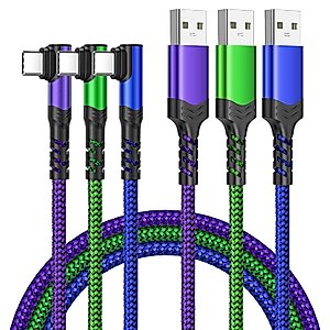 Besgoods Type C Charger Fast Charging, 90 Degree USB to USB C Cable [10ft,3Pack] Braided Cord Compatible with iPhone 16/15, Galaxy S24/S23/S22/S21/S20/S10/S9/S8, A13/A03s/A35-Blue,Green,Purple