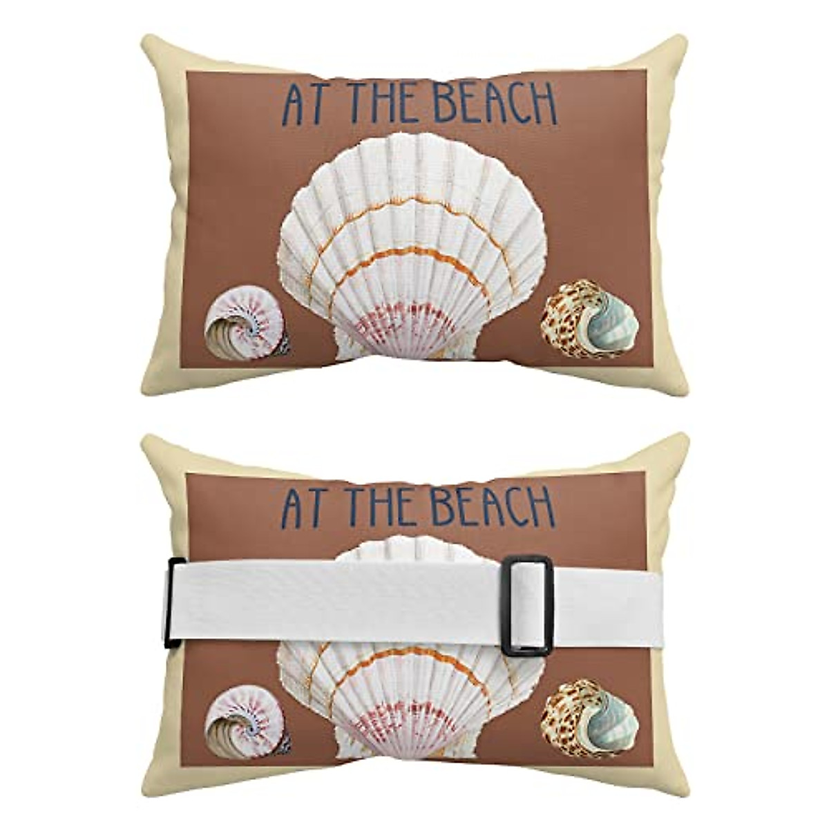 Recliner Head Pillow Ledge Loungers Chair Pillows with Insert AT THE BEACH Vintage Ocean Shell Lumbar Pillow with Adjustable Strap Outdoor Waterproof Patio Pillows for Beach Pool Chair, 2 PCS