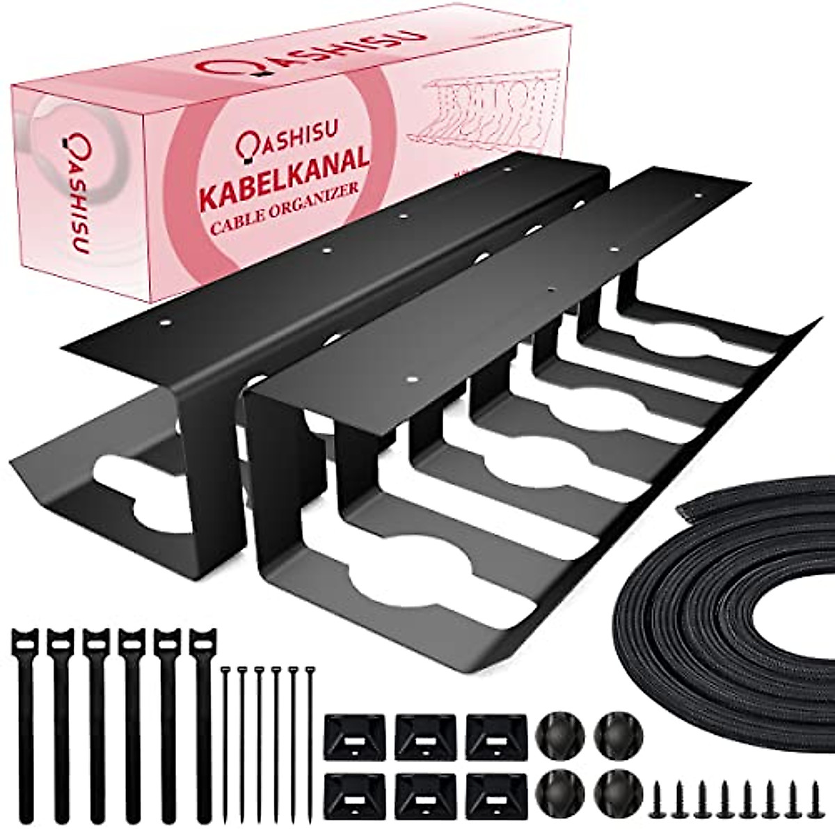 OASHISU 2Pack Under Desk Cable Management Tray in Steel with Cord Management Organizer Kit Cable Sleeves Cable Clips Holder Self Adhesive Tie Fastening Cable Ties for Office & Home Black Cable Raceway