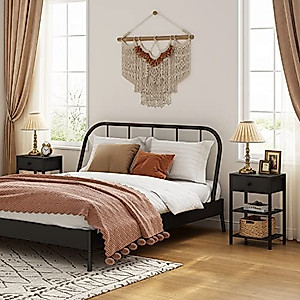 Hoctieon Nightstand, Nightstand with Drawer, Small Bedside Table, End Table with Drawer, Small Nightstand, Industrial Nightstand, Easy Assenbly, for Bedroom, Living Room, Office, Wood, Black