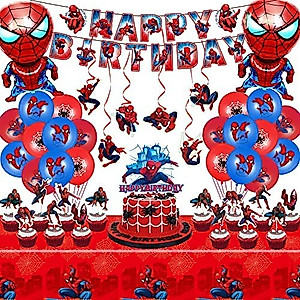 53 Pcs Spidey-men Birthday Decorations Party Supplies Include Happy Birthday Banners, Tablecloths, Cake Toppers ,Cupcake Toppers, Balloons, Hanging Swirls Superhero Birthday Party Supplies