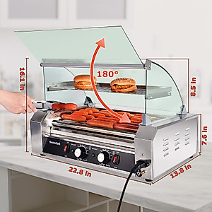 Seeutek Hot Dog Roller 7 Rollers 24 Hot Dogs Capacity 1100W Stainless Hot Dog Toaster With LED Light, Hot Dog Machine W/Dual Temp Control Glass Hood Acrylic Cover Warmer Shelf Removable Oil Drip Tray