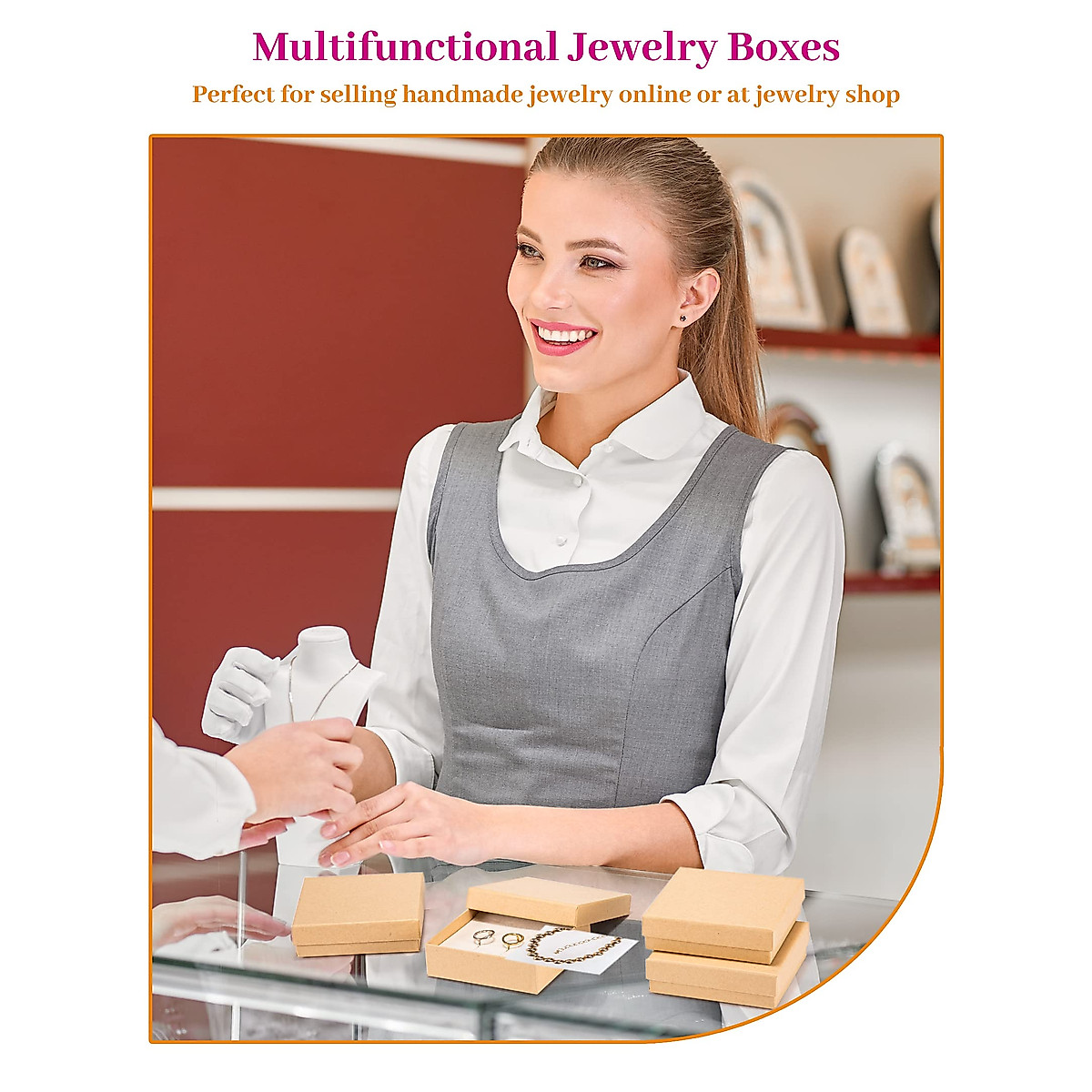 MESHA Cardboard Jewelry Gift Boxes For Shipping, Small Gift Box wtih Lids For Necklace Ring Bracelet Earring with Cotton Filled and Lids,Jewelry Box Bulk Brown 3.5x3.5x1 Inch 20 Pieces