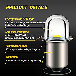 Ruiandsion Upgrade LED Flashlight Bulb 18V P13.5S Base Socket White LED Bulbs Replacement for Flashlight Torch Lights,Non-Polarity (Pack of 5)