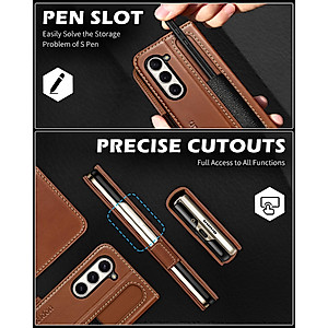 SHIELDON Case for Galaxy Z Fold 5, Genuine Leather Wallet Shockproof Case Flip Magnetic Kickstand RFID Blocking Credit Card Slot with S Pen Holder Compatible with Galaxy Z Fold5 7.6" - Retro Brown