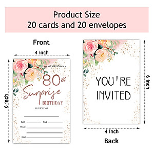 Zodvery Surprise 80th Birthday Party Invitations Cards - 80 Years old Rose Floral Pink Theme Party Supplies for Adult, Woman or Man - 20 Fill in Birthday Party Invitations and 20 Envelopes set/66