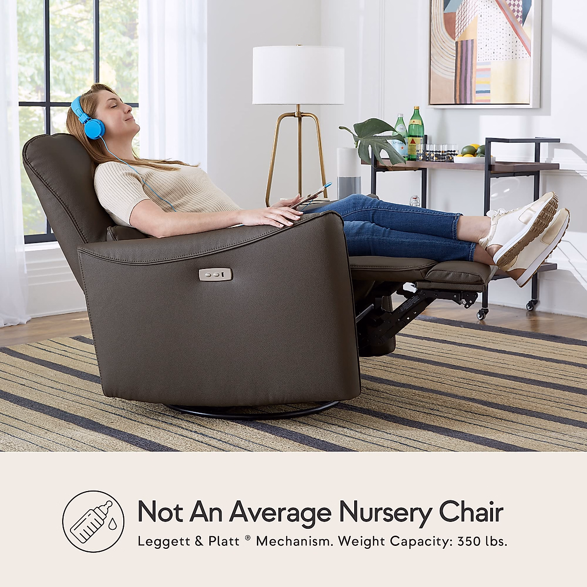 CHITA Power Recliner Chair Swivel Glider, FSC Certified Upholstered Faux Leather Living Room Reclining Sofa Chair with Lumbar Support, Charcoal