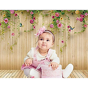 WOLADA 5x7FT Flower Wall Backdrop Spring Backdrop Spring Floral Photo Backdrop Brown Wood Plank Flower Wall Photography Backdrop Girl Birthday Party Wedding Shower Photography Background 8909