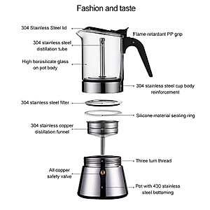 Moka Pot, Stainless Steel Coffee Maker with Crystal Glass Lid, Classic Stovetop Espresso Maker for Classic Italian Coffee, Express Moka Pot for Cuban Cafe Brewing, Quick Cleanup