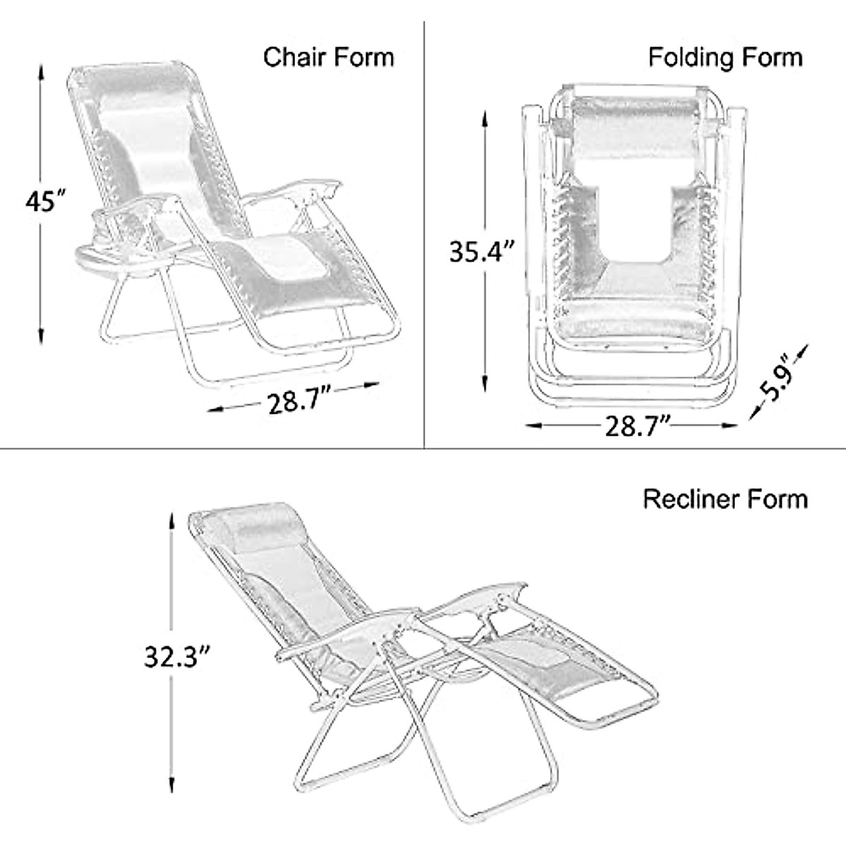 VOYSIGN Oversized Reclining Patio Chair, XL Padded Adjustable Zero Gravity Lounge Chair w/Pillows and Cup Holder Trays, Support 350 lbs - Sky Blue