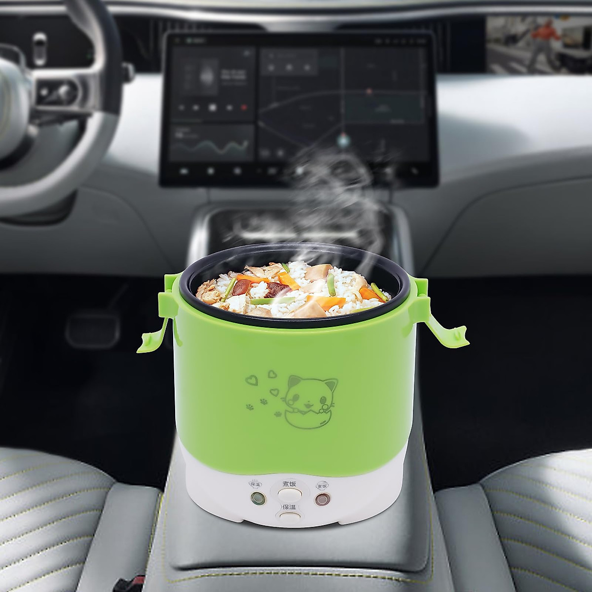 Headery Rice Cooker Small 12V, Mini Rice Cooker Steamer 1 Cup, Portable Easy Operation Well Insulated 1-2h Non-stick Rice Maker Food Steamer with Handle and Spoon for Car Home (Green)