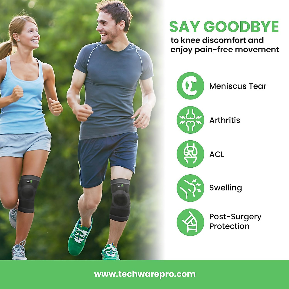 TechWare Pro Knee Brace for Women & Men - Knee Compression Sleeve for Knee Pain, Knee Support. Knee Brace for Meniscus Tear, ACL, and Arthritis with Side Stabilizers & Gel Pads (Black/Gray Medium)