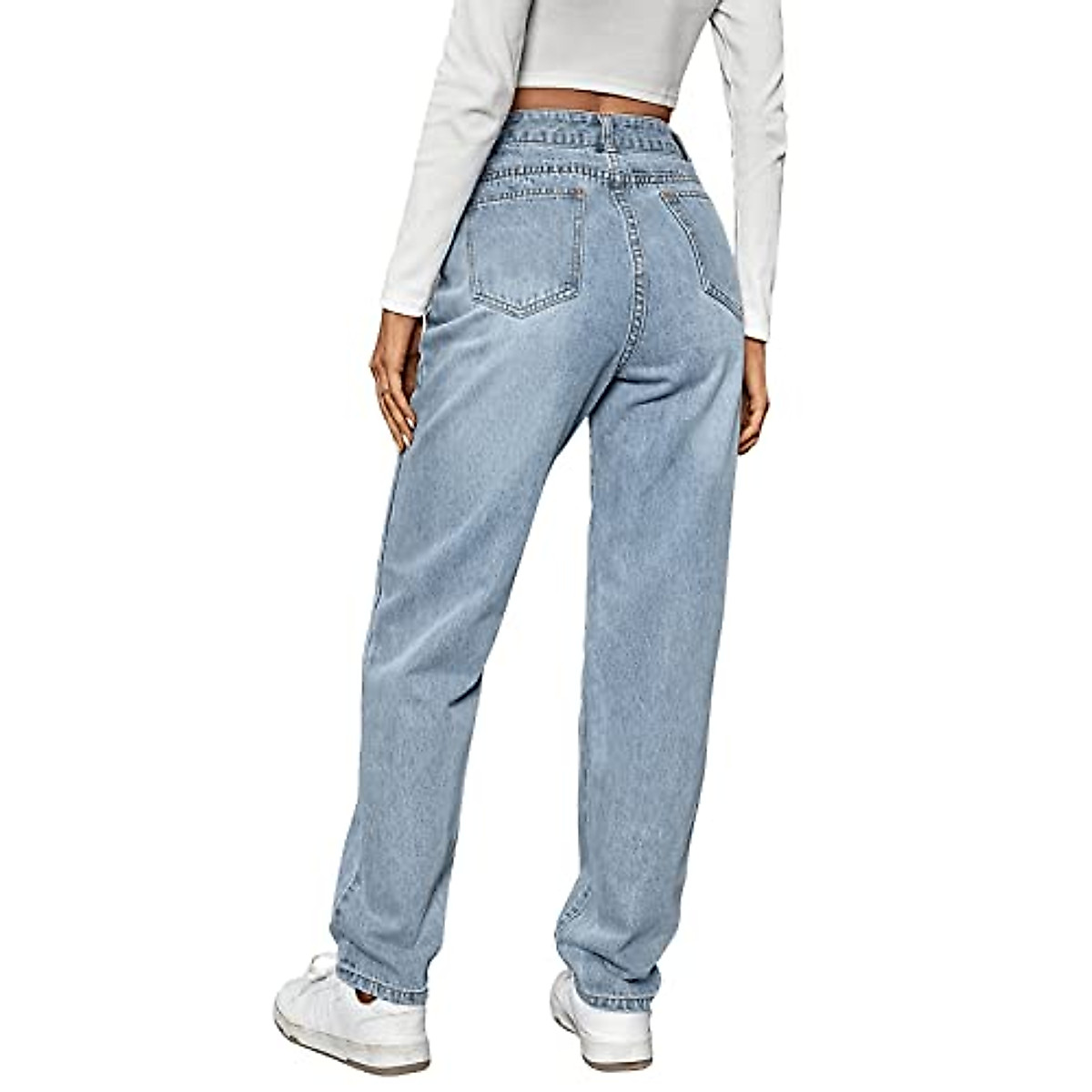 SweatyRocks Women's High Waisted Straight Leg Long Jeans Asymmetrical Waist Denim Pants Solid Pale Blue M