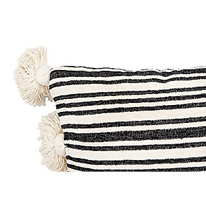 Creative Co-Op White Cotton & Chenille Woven Lumbar Raised Black Stripes & Thick Tassels Pillows