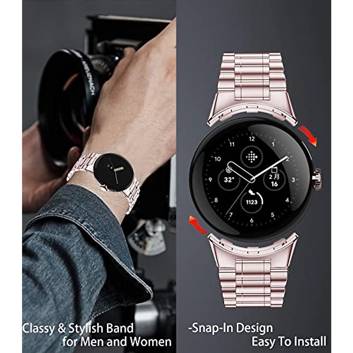 San Jeirie Stainless Steel Bands Compatible for Google Pixel Watch Band,Solid Metal Replacement Wristband Strap for Men Women(Rose Gold)