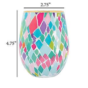 Mary Square Pink Teal Mosaic Santorini 8 ounce Glass Stemless Wine Tumbler Set of 2