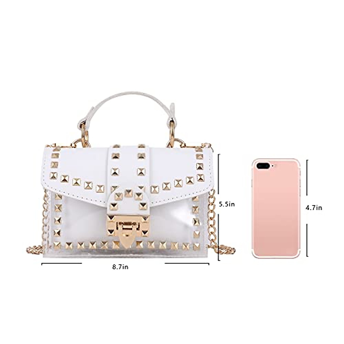 Qiayime Purses and Handbags for Women Transparent Fashion PU Leather Top Handle Chain Rivet Satchel Shoulder Tote Crossbody clutch Clear Bags