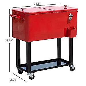Outsunny 80 QT Rolling Cooling Bins Ice Chest on Wheels Outdoor Stand Up Drink Cooler Cart for Party, Red