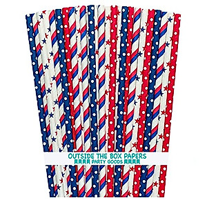 Red White and Blue Paper Straws - 4th of July Patriotic Party Supply - Stripes Stars Polka Dots - 100 Pack Outside the Box Papers Brand