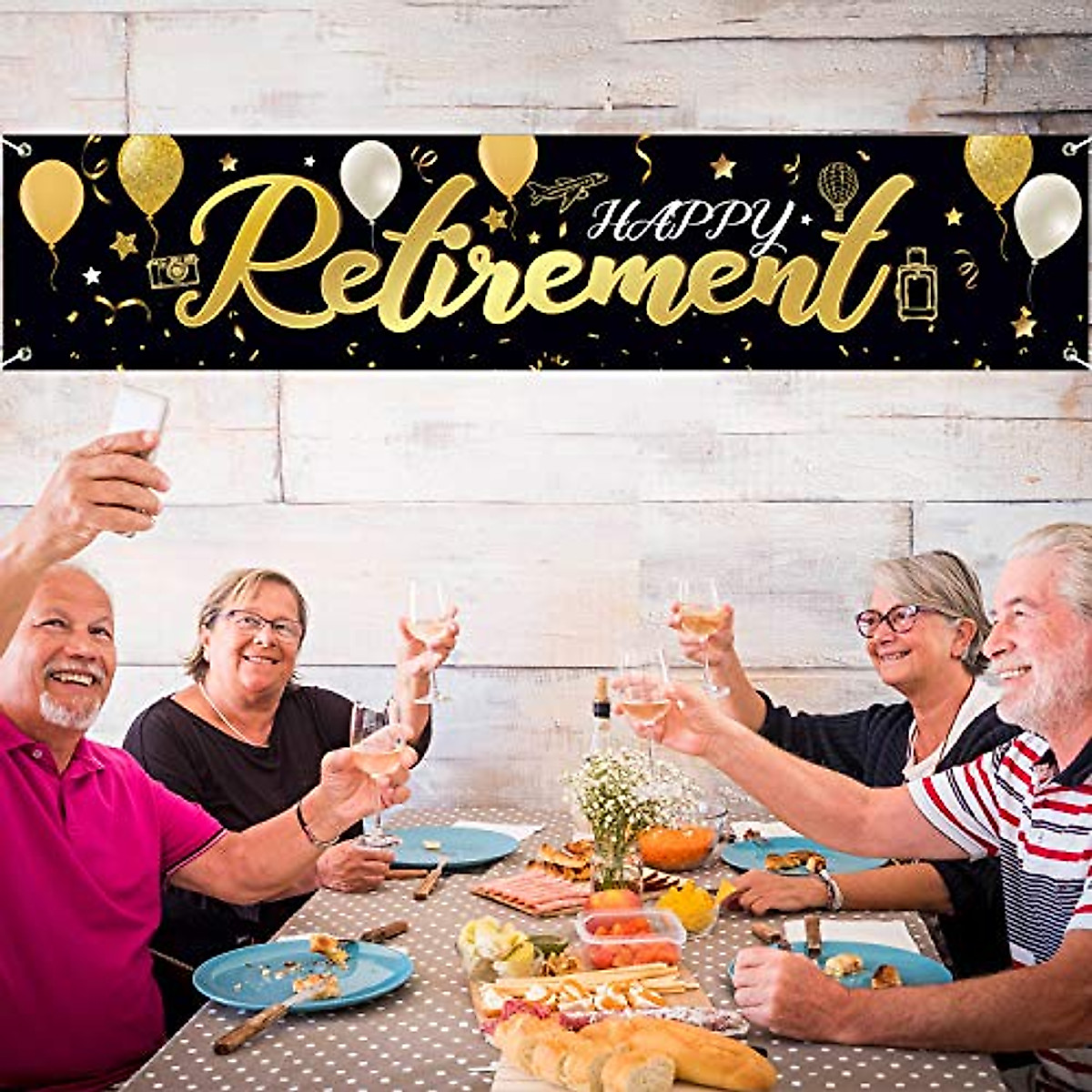 Happy Retirement Banner Horizontal Large Happy Retirement Sign Banner Fabric Retirement Yard Sign Backdrop Background Black Gold Retirement Banner for Retirement Party Photo Booth, 72.8 x 15.7 Inch