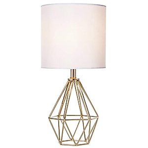 COTULIN Gold Modern Hollow Out Base Bedroom Small Table Lamp,Bedside Nightstand Lamp with Geometric Metal Base White Fabric Shade,Cute Desk Lamp for Kids Living Room