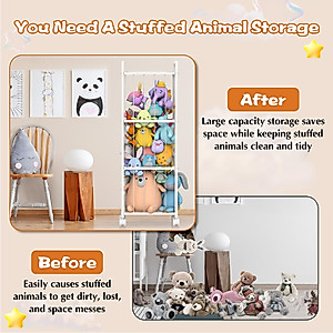 Stuffed Animal Storage, Metal Tube Toy Storage Organizer Extra Large Stuffed Animal Holder With Brake Wheels, Stuffed Animal Zoo Organizer For Nursery Playroom Kids Room White(53.5” x 18.1”x 13”)