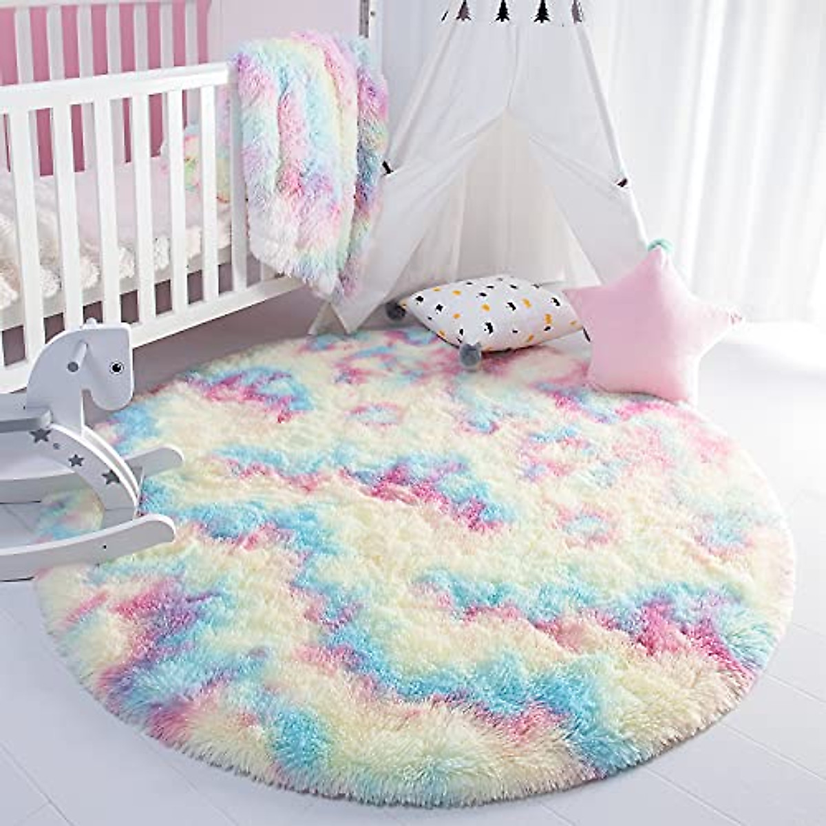ST. BRIDGE Soft Round Rainbow Rug for Girls Room, Fluffy Circle Rug for Kids Room Decor, Indoor Modern Anti-Skid Fuzzy Nursery Mats, Shaggy Fur Area Rugs for Living Room Bedroom Plush Carpet, 4 Feet