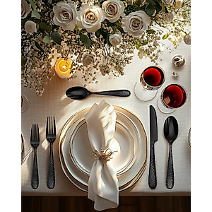 Hammered Black Silverware Set, EUIRIO 40-Piece Flatware Set for 8, Heavy Duty Stainless Steel Cutlery Set, Food-Grade Utensil Sets Includes Spoons Forks and Knives, Mirror Finish Dishwasher Safe