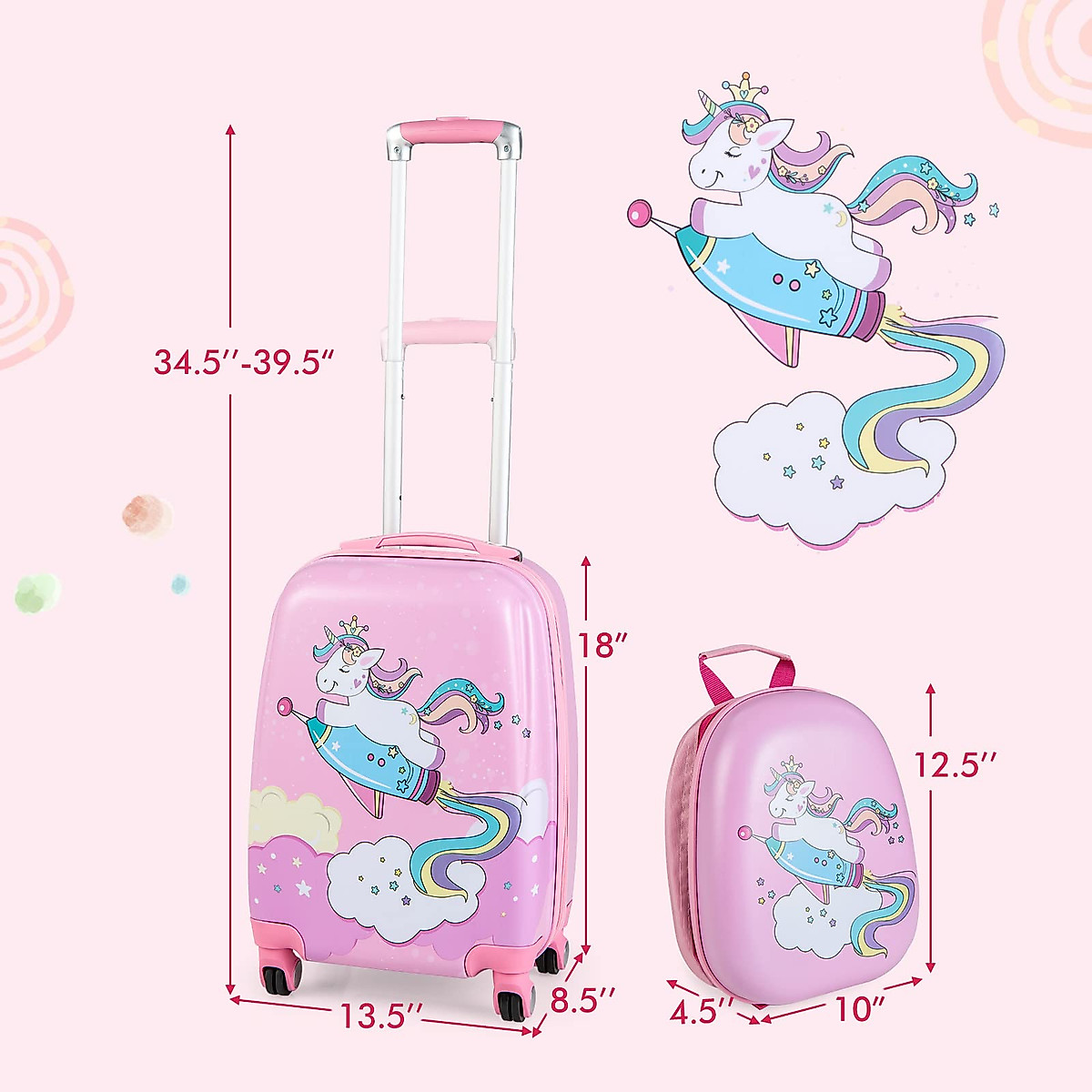 Olakids Kids Luggage Set, 12’’ Travel Backpack and 18’’ Carry on Suitcase with Wheels for Children Boys Girls, 2 Pcs Rolling Spinner Trolley Case Gift for Toddlers (Pink Unicorn)