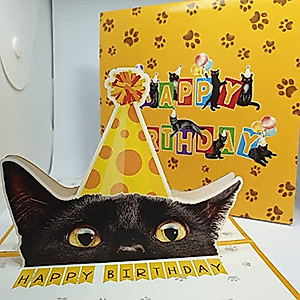 Crazytops Black Cat Birthday Card, 3D Birthday Card, Happy Birthday Pop Up Card with Envelope Postcards for Cat Lovers, Birthday Pop Up Card