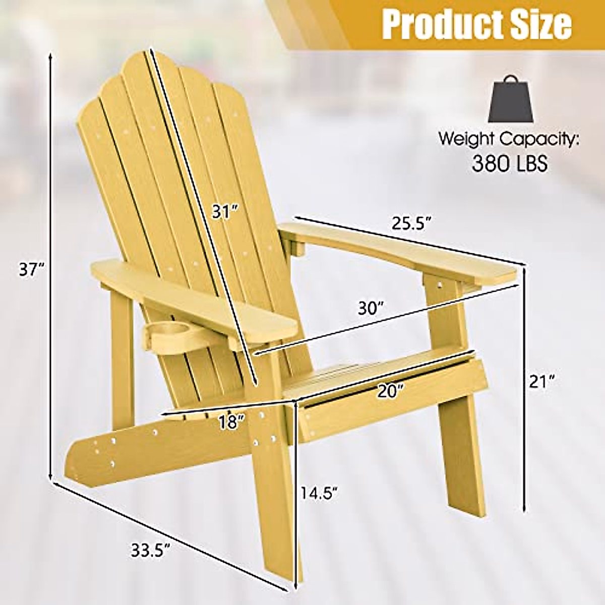 Giantex Outdoor Adirondack Chair - Oversized Patio Chairs w/Hidden Cup Holder, Realistic Wood Grain, 380 LBS Weight Capacity, Weather Resistant Firepit Chairs for Backyard, Garden (1, Yellow)
