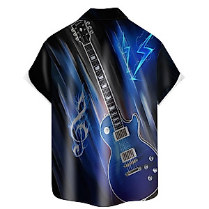 Ecosunny Men's Blue Lightning Electric Guitar Shirts Short Sleeve Hawaiian Gradient Casual Button Down Music Shirt