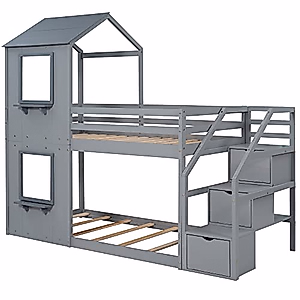 Twin House Bunk Beds Wooden Low Floor Bunk Bed with Roof & Window Twin Over Twin Bunk Beds with Stairs and Storage for Kids Teens, Grey