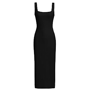 Verdusa Women's Casual Sleeveless Square Neck High Waist Rib Knit Tank Long Dress Black L