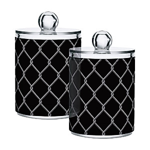 2 PACK Black Mesh Qtip Holder Dispenser for Cotton Ball, Cotton Swab, Cotton Round Pads, Floss Picks - Plastic Apothecary Jar Set for Bathroom Canister Storage Organization